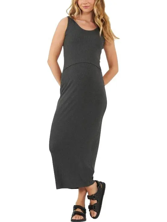 RIPE MATERNITY Ribbed Maxi Nursing Dress With Scoop Neck - Charcoal Marle