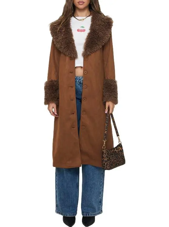 Princess Polly Faux Suede Long Coat With Faux Shearling Trim - Brown