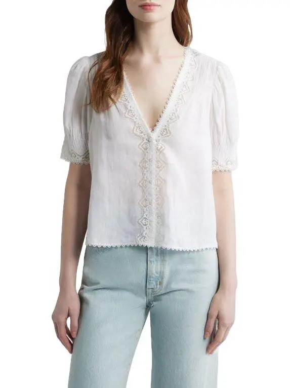 DÔEN Brigitta Lace Trim V-neck Ramie Top - Salt