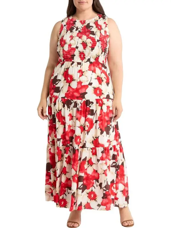 Anne Klein Sleeveless Smocked Bodice Tiered Maxi Dress - White Dove Multi