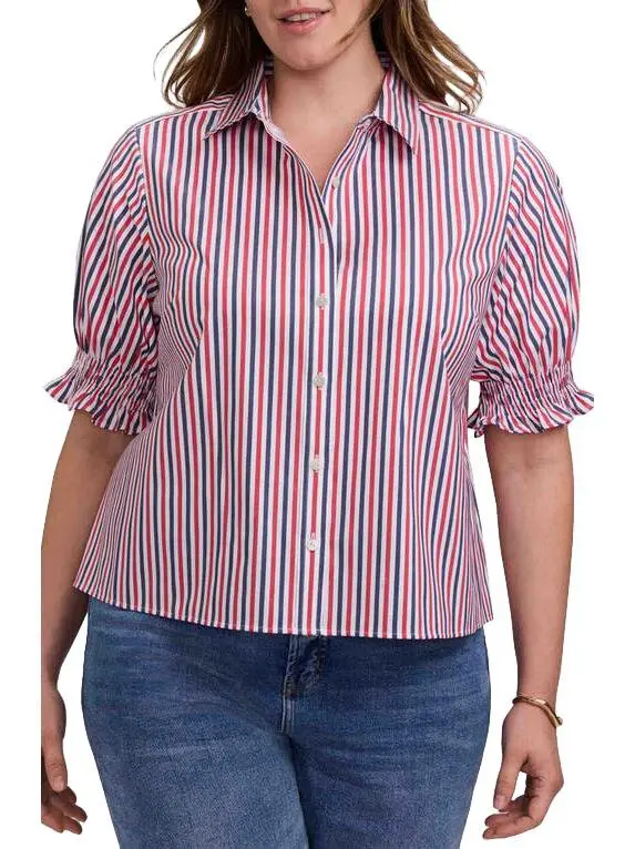 Foxcroft Vivienne Stripe Elbow Sleeve Matte Sateen Button-up Shirt - Navy Blue/red