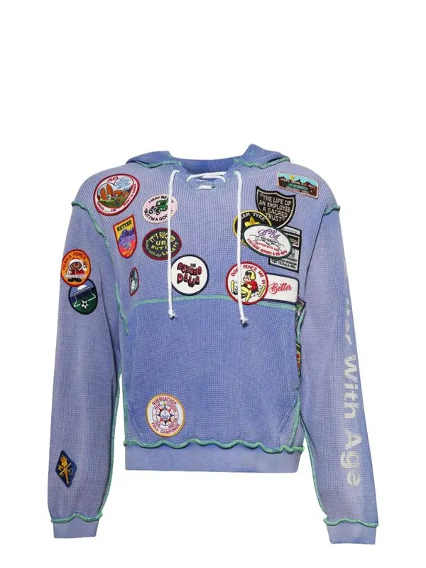 BETTER WITH AGE Gentle Waffle Hoodie With Assorted Patches - Blue