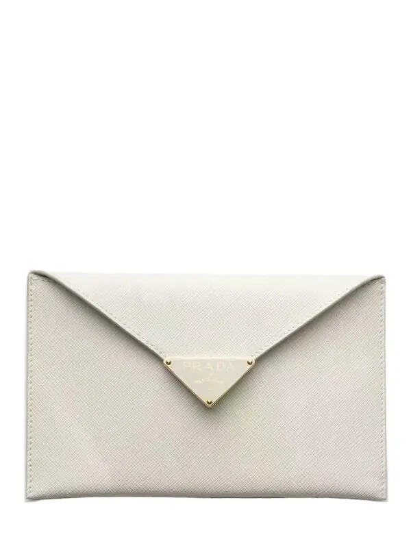 Prada Saffiano Leather Envelope Clutch With Enameled Triangle Logo - White
