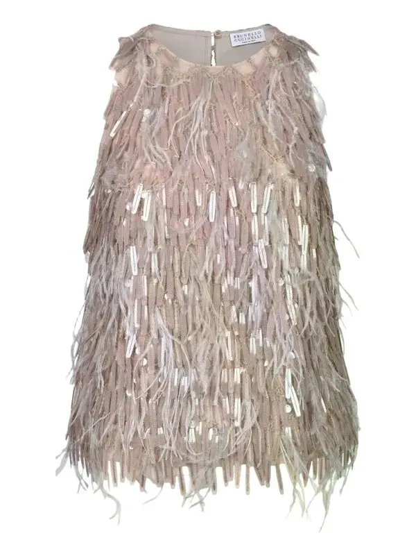 Brunello Cucinelli Sleeveless Silk Sequin Embellished Feather Trim Top - Neutrals