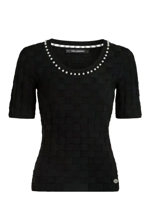 Karl Lagerfeld Pearl-embellished Basket-weave Top - Black