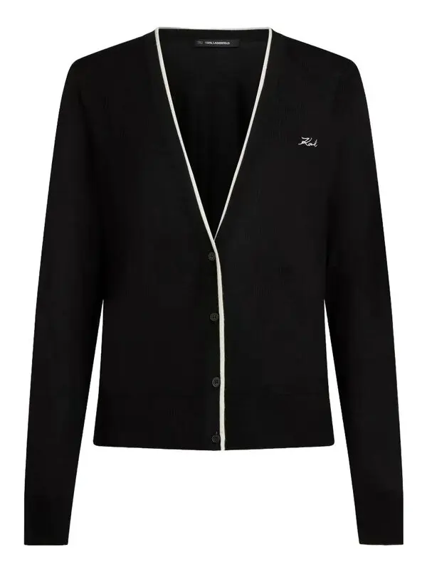 Karl Lagerfeld Merino Wool Cardigan With Contrast Trim - Black