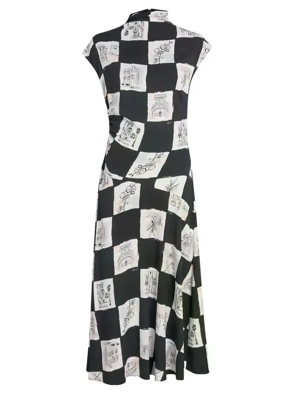 Karl Lagerfeld Checkerboard-print Gathered Midi Dress - Black