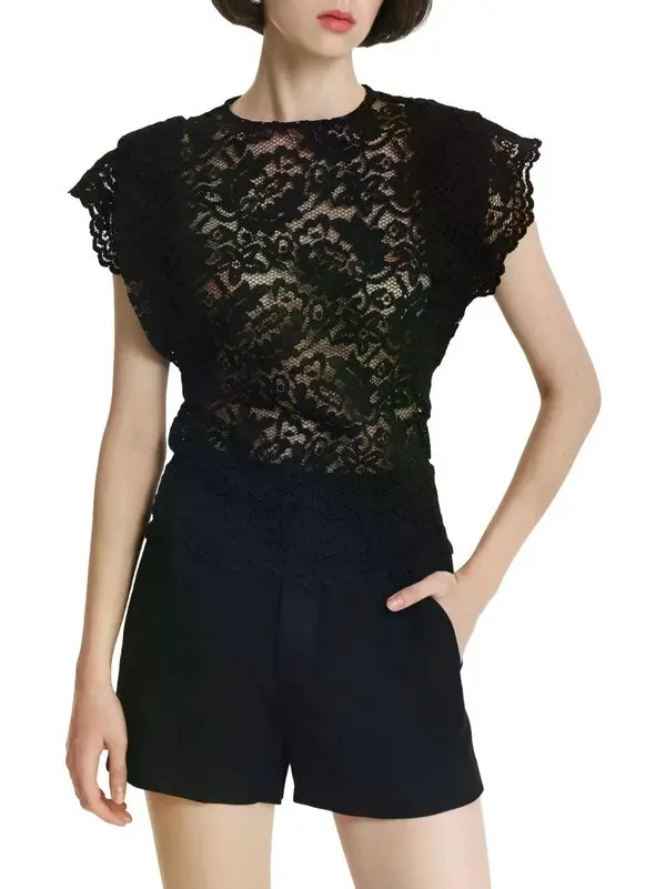 2310 STUDIO Lace Scalloped-edge Top - Black