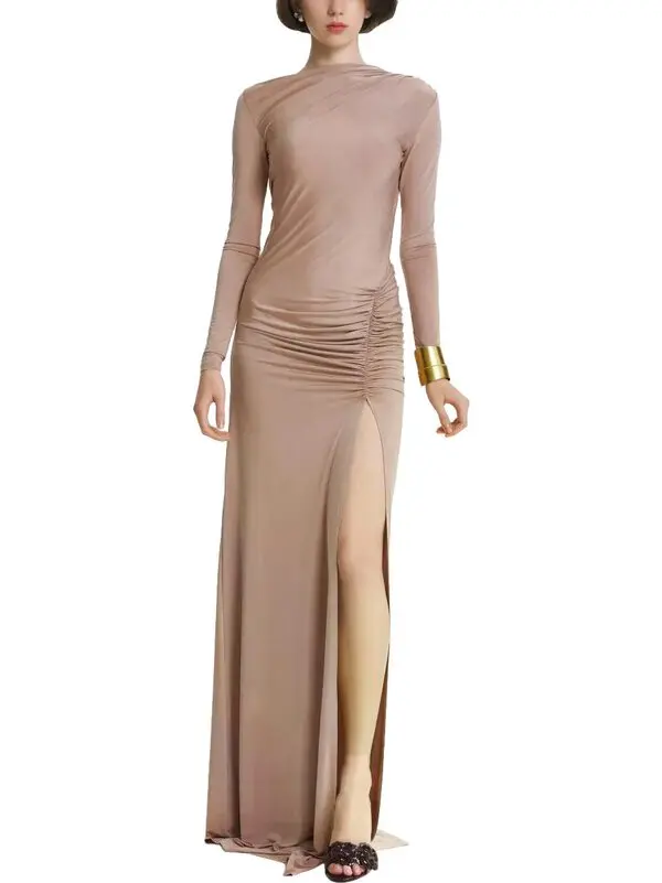 2310 STUDIO Ruched Detail Backless Maxi Dress - Neutrals