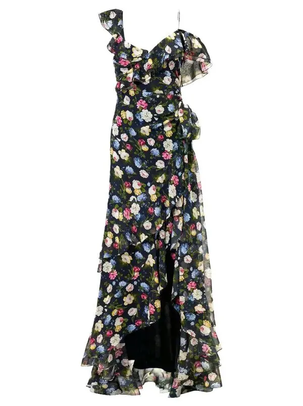 Carolina Herrera Floral Print Silk Asymmetric Dress - Blue