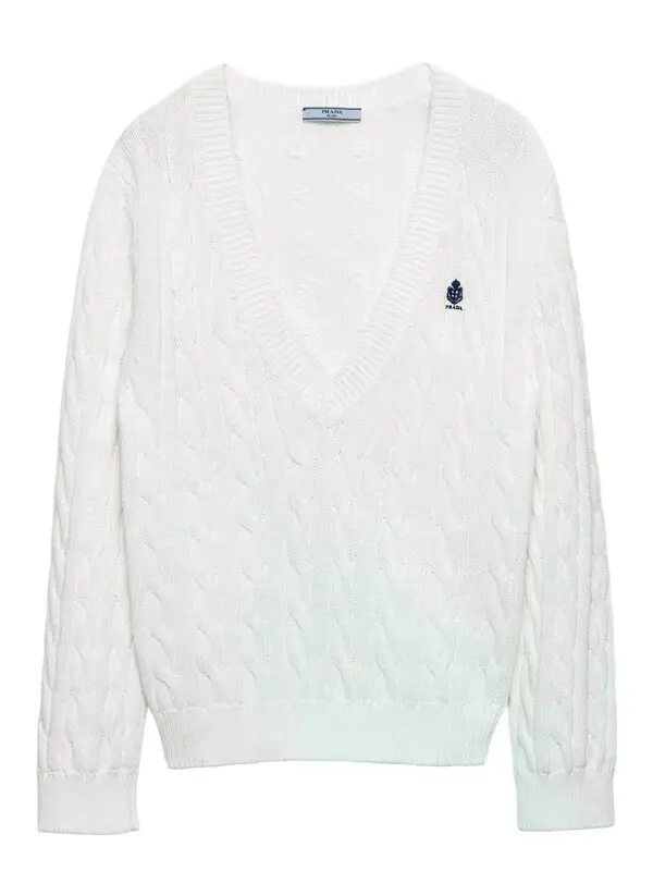 Prada Cable-knit V-neck Cotton Sweater With Embroidered Logo - White