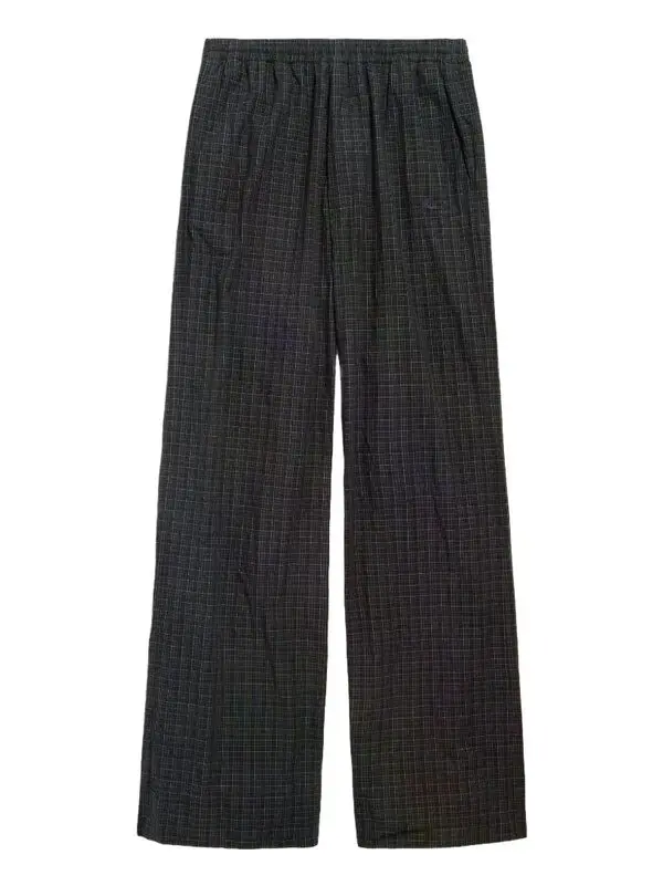 Balenciaga Check-pattern Embroidered-logo Wide-leg Trousers - Grey