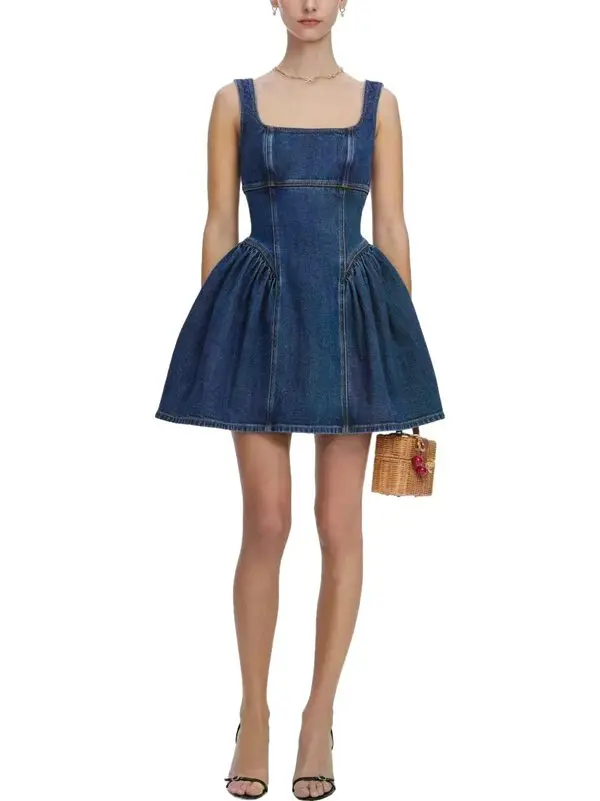 SELF-PORTRAIT Denim Skater Dress With Square Neck - Blue