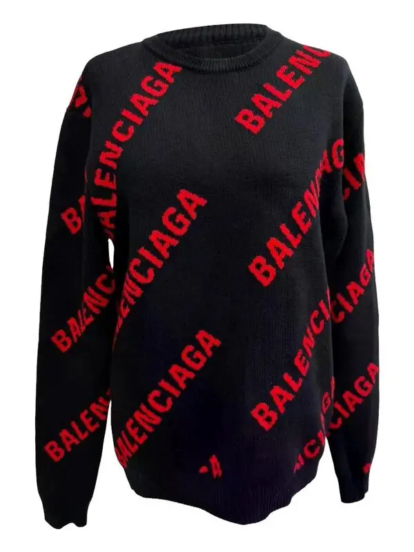 Balenciaga Allover Logo Jacquard Knit V-neck Sweater - Black