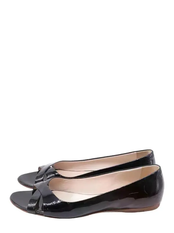 Miu Miu Patent Leather Crossover Strap Open Toe Flats - Black
