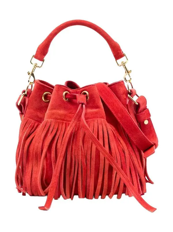 Saint Laurent Suede Fringe Bucket Bag Satchel - Red