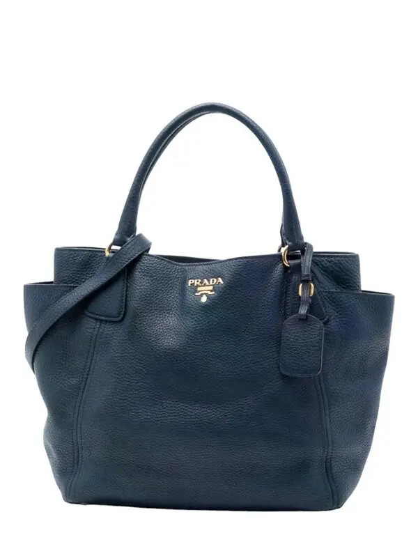 Prada Vitello Daino Side Pocket Convertible Tote Satchel - Blue