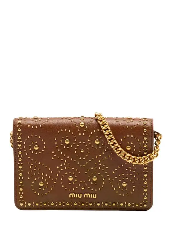 Miu Miu Studded Goatskin Madras Lux Wallet On Chain Crossbody Bag - Brown