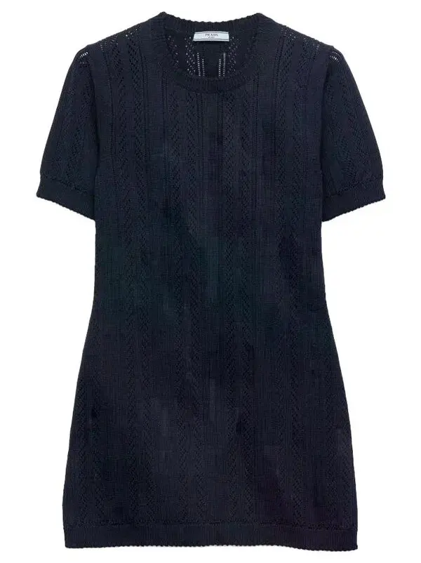 Prada Openwork Cotton Mini Dress With Triangle Logo - Blue
