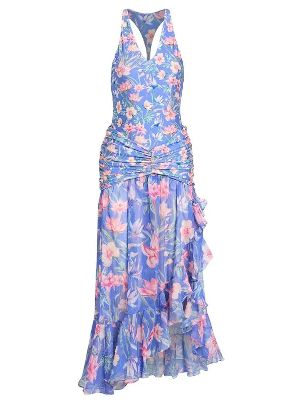 PatBO Amaryllis Floral-print Stretch-jersey And Crepon Midi Dress - Blue