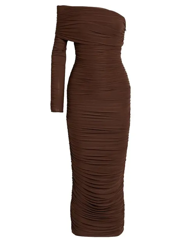 Ronny Kobo Sylvan One-shoulder Ruched Jersey Midi Dress - Chocolate
