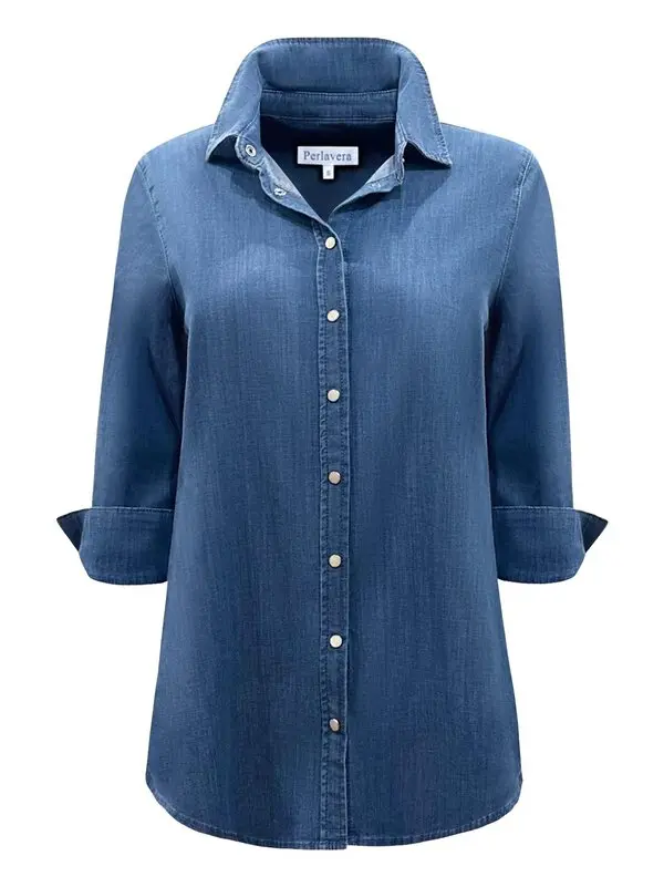 PERLAVERA Denim Three-quarter Sleeve Shirt - Blue