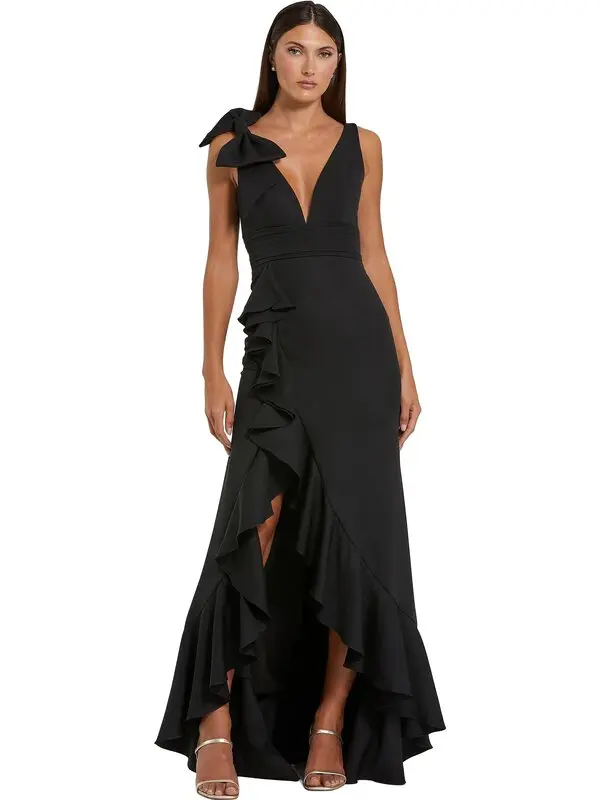 Mac Duggal Sleeveless Ruffled V-neck Gown With Bow Detail - Black