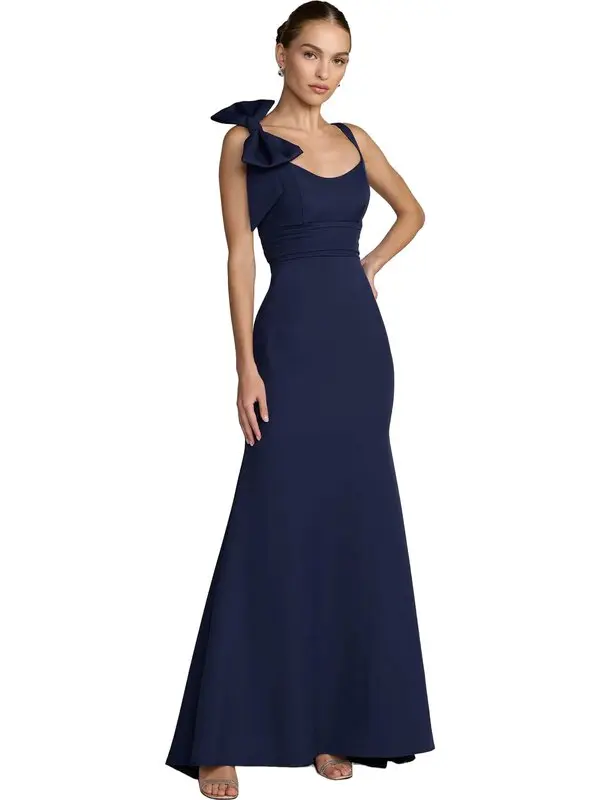 Mac Duggal Scoop Neck Bow Gown - Navy