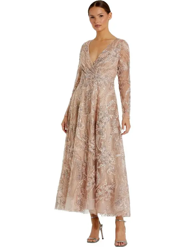 Mac Duggal Beige Embroidered Long Sleeve V-neck Midi Dress - Neutral