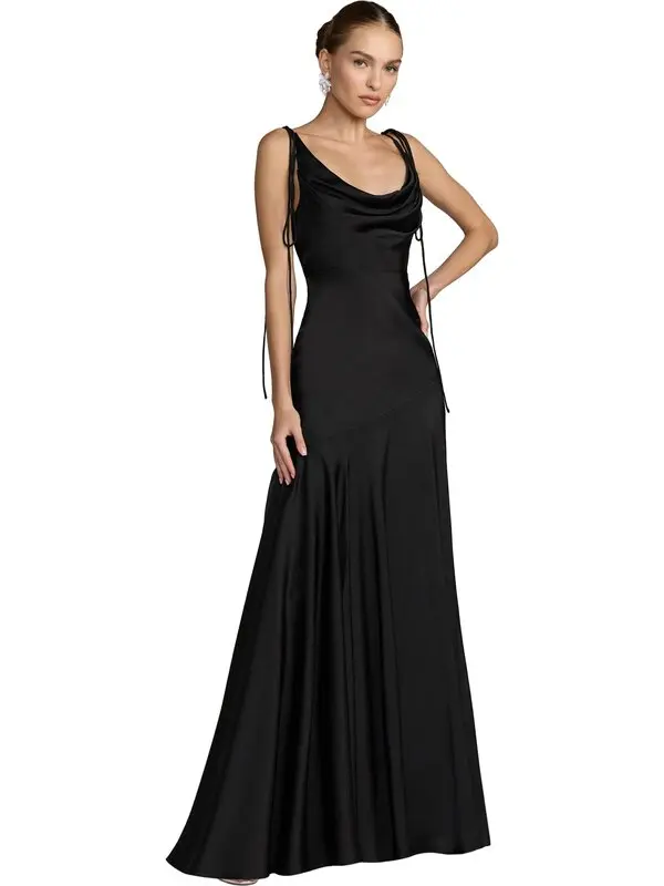 Mac Duggal Charmeuse Gown With Cowl Neckline And Tie Straps - Black