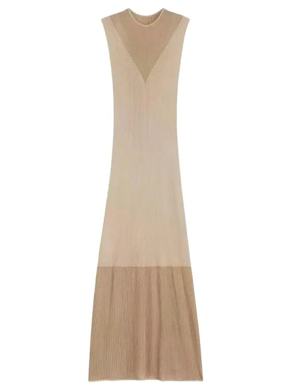 Hugo Ribbed Knit Sleeveless Maxi Dress With Gold-tone Logo Plaque - Neutrals
