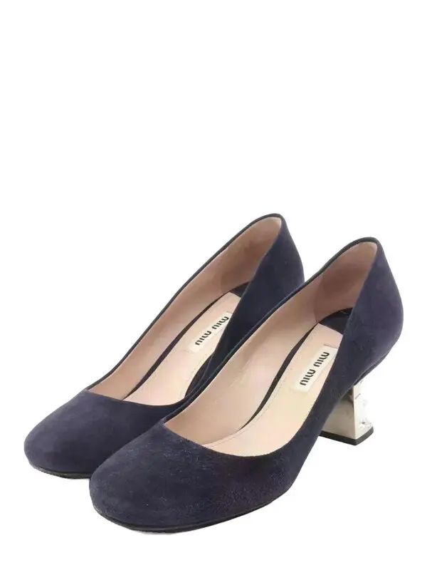 Miu Miu Navy Suede Jewel-embellished Block Heel Pumps - Blue