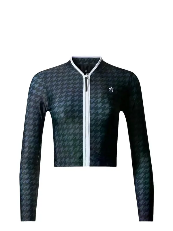 Perfect Moment Houndstooth Print Zip Front Long Sleeve Cropped Rashguard - Black