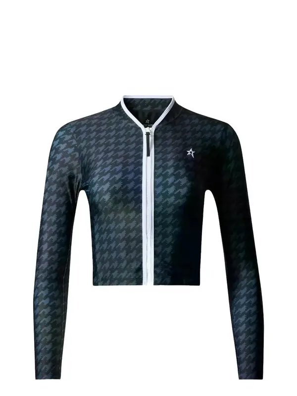 Perfect Moment Houndstooth Print Zip Front Long Sleeve Cropped Rashguard - Black