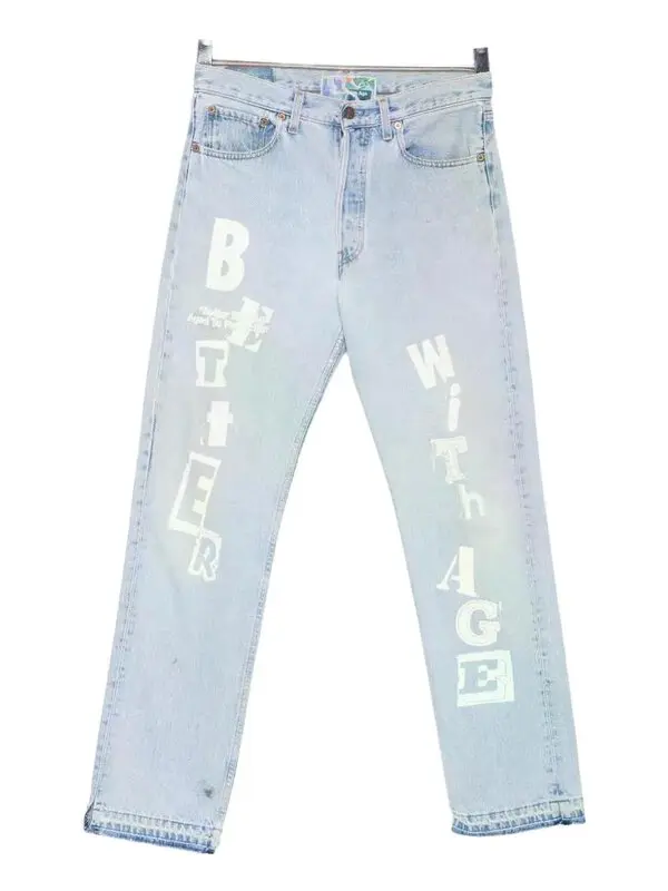 BETTER WITH AGE Logo Print Raw Edge Hem Jeans - Blue