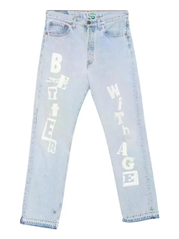 BETTER WITH AGE Logo Print Raw Edge Hem Jeans - Blue