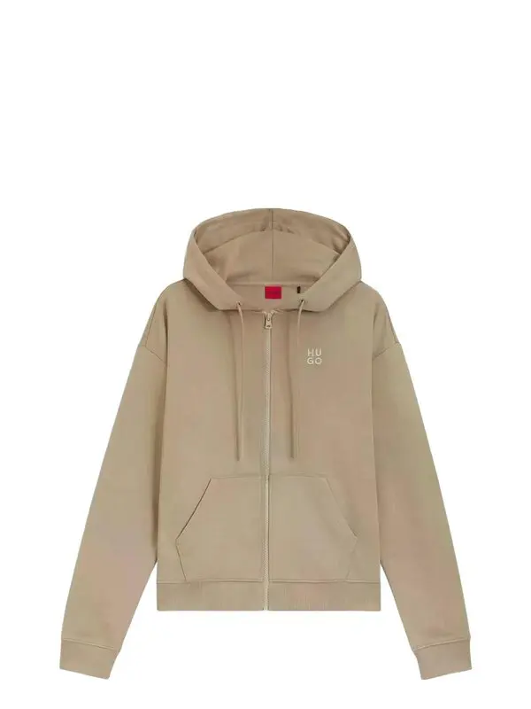 Hugo Zip-up Drawstring Hoodie With Embroidered Logo - Neutrals