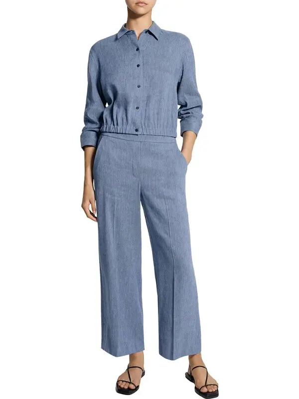 Theory Fluid Linen Scrunched Crop Button-up Top - Blue