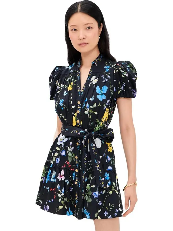 Alice + Olivia Cora Short Sleeve Tiered Mini Shirt Dress In Floral Print - Twisting Vines Black