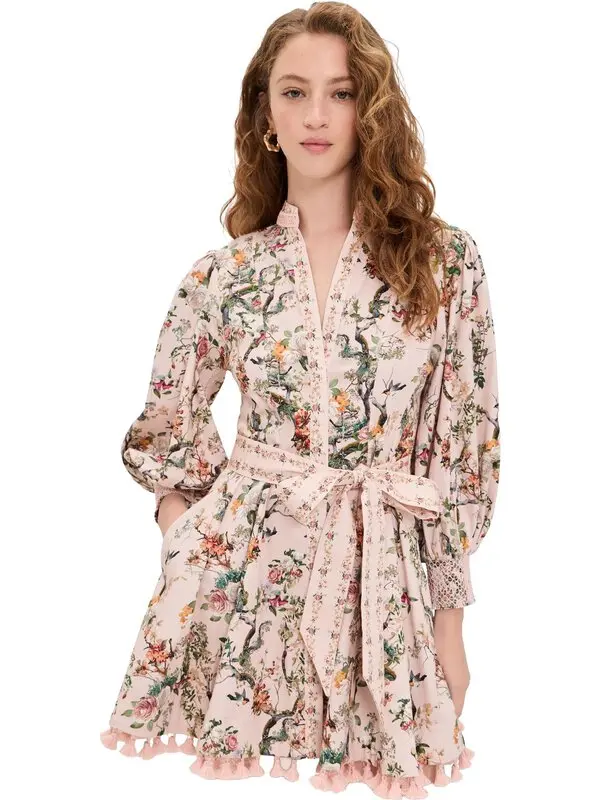 Alice + Olivia Lucy Mini Shirt Dress In Floral Print With Tassel Trim - Sunset Grove English Rose