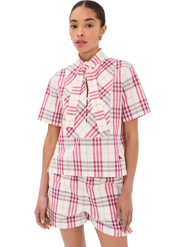 Burberry Plaid Poplin Tie Neck Top - Aubergine Purple