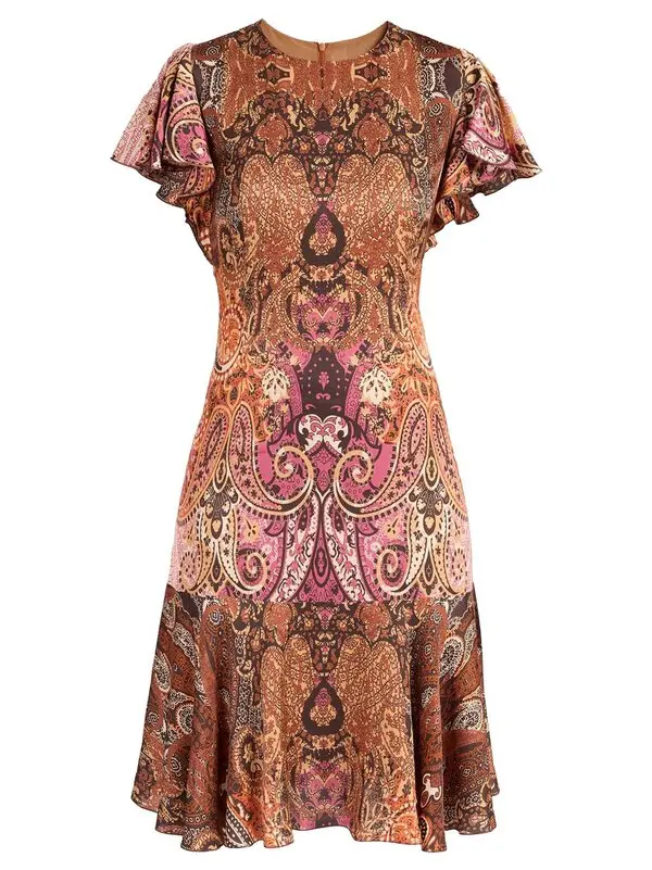 Santorelli Printed Charmeuse Sheath Dress With Flutter Sleeves - Yellow