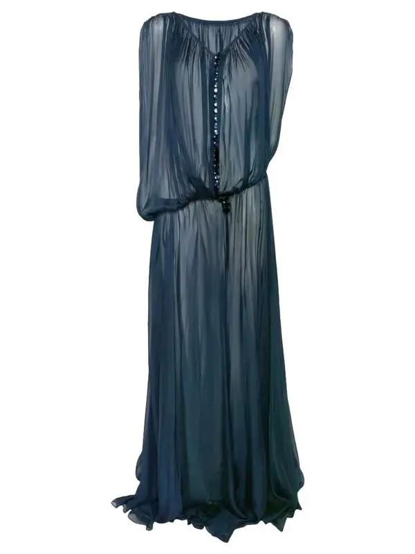 DUNESI Sheer Button-front Maxi Dress With Draped Sleeves - Blue
