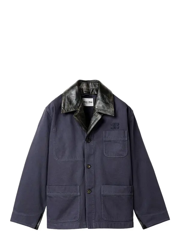 Miu Miu Cotton Chore Jacket With Leather Trim - Grey
