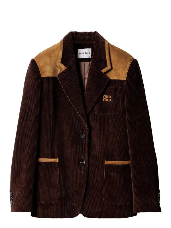 Miu Miu Corduroy Blazer With Leather Logo - Brown