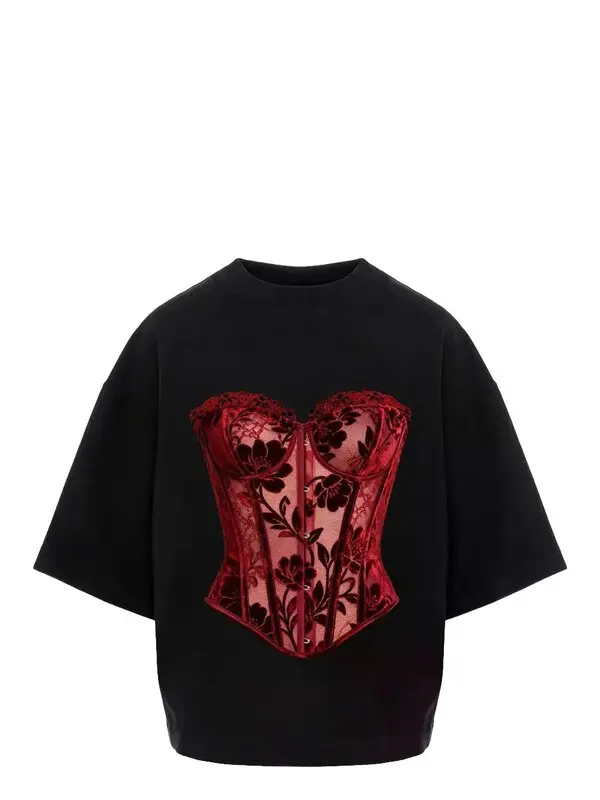HAMZA Lace Print Corset T-shirt - Black