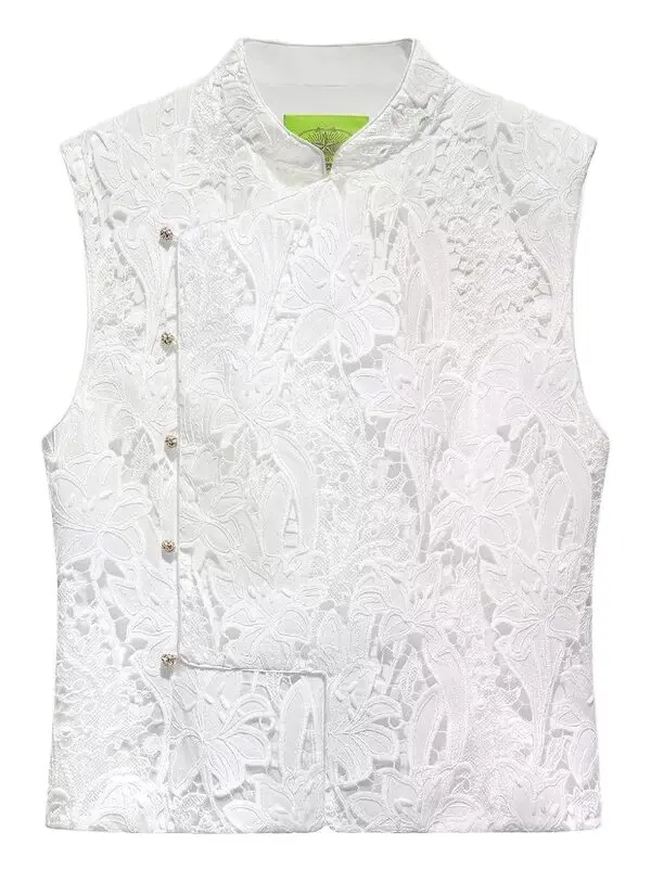 Shanghai Tang Lace-embroidered Mandarin Collar Sleeveless Top - White