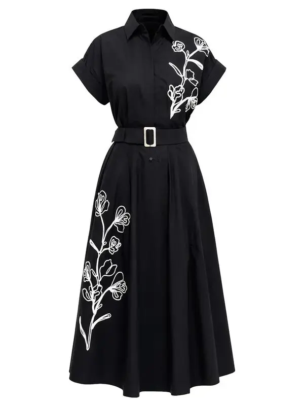 EXQUISE Embroidered Flared Midi Shirt Dress - Black