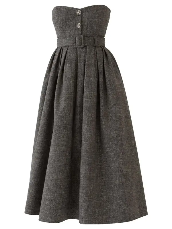 EXQUISE Strapless Belted Pleated Midi Dress - Grey