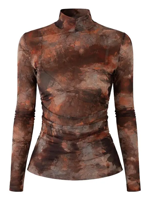 EXQUISE Multicolor Stretch Tulle Knit Blouse - Brown